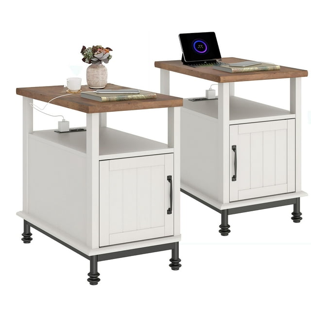 White End Tables Set of 2 with Storage Cabinet & Open Shelf, Wood ...
