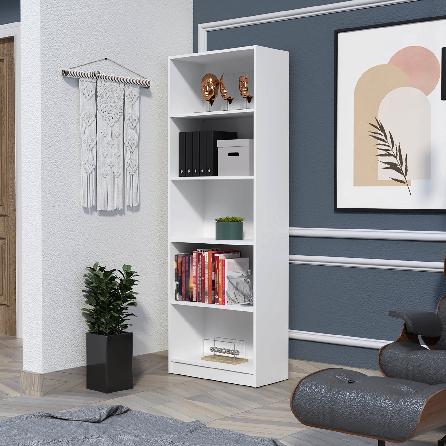 White Engineered Wood 4 Shelves Bookcase For Hallway Display Modern ...
