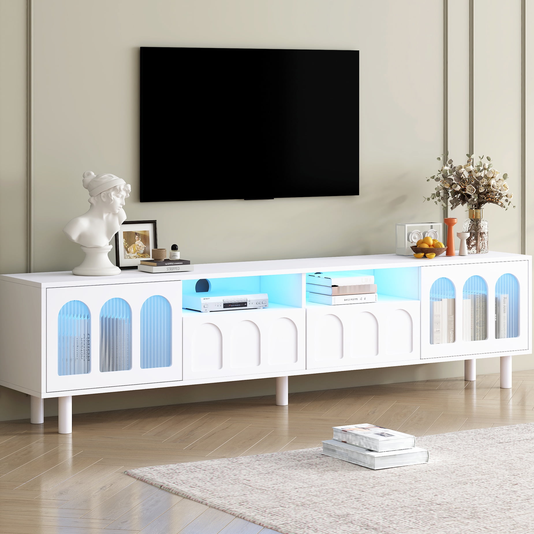White Entertainment Center With Led Lighted Tv Stand For 80" Screens ...