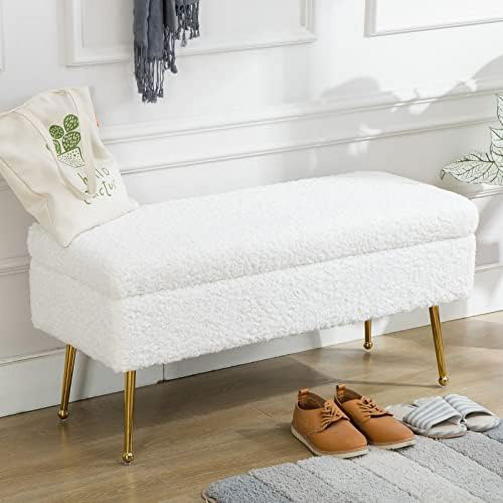 White Entryway Bench Fuzzy Faux Fur Upholstered for Bedroom End of Bed ...
