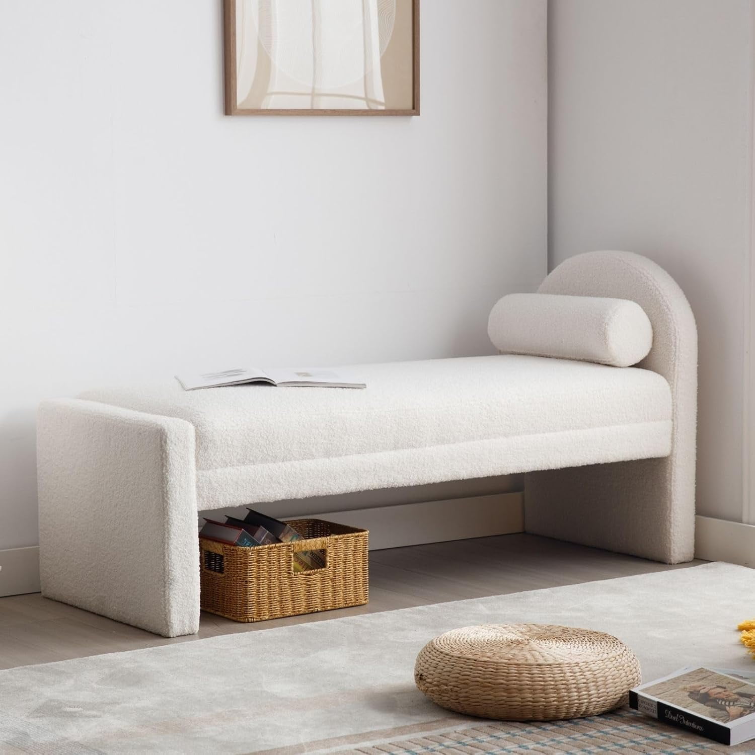 White Entryway Bench Sherpa End of Bed Bench Modern Boucle Bench ...