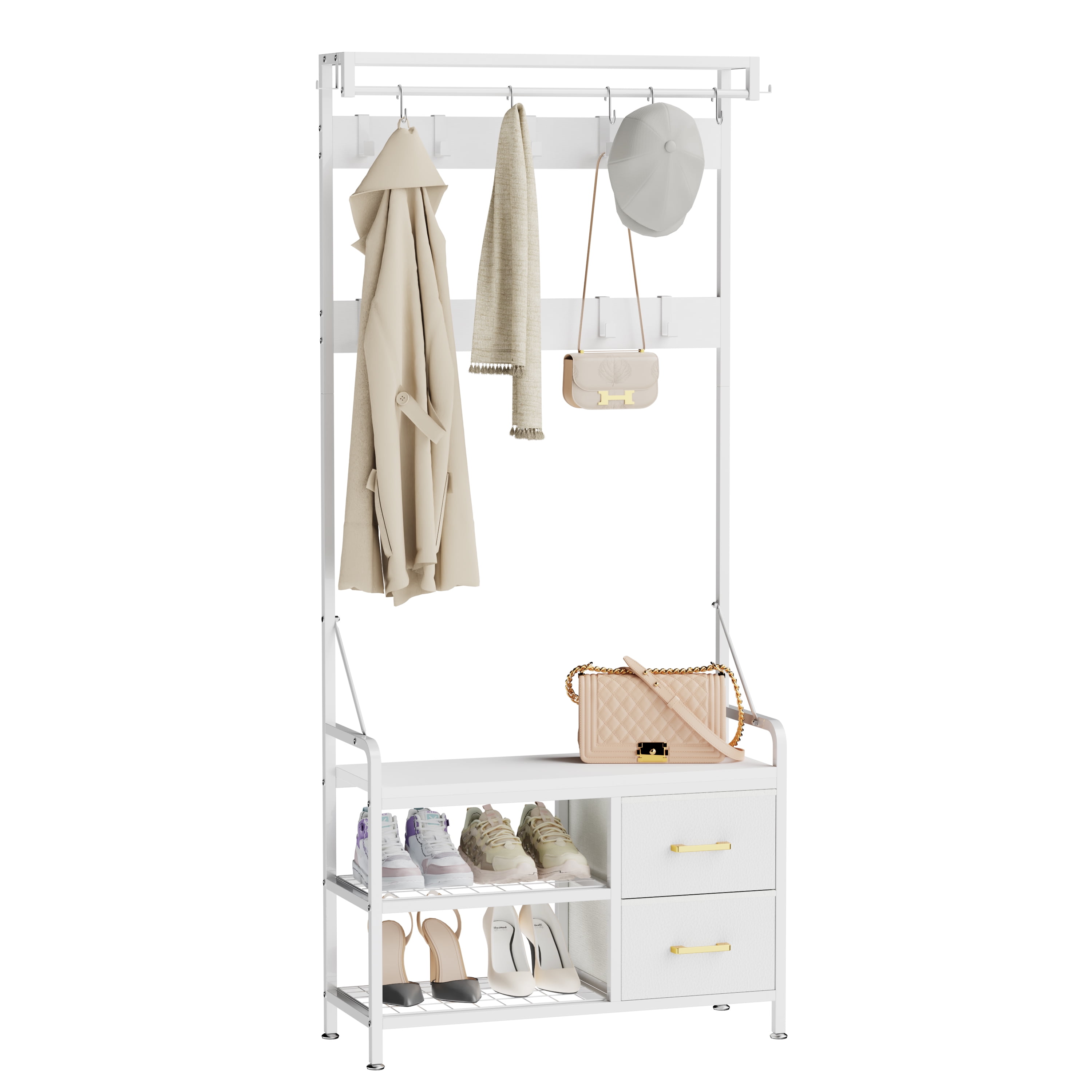 White Entryway Hall Tree Featuring 2 Fabric Drawers, Coat Rack, Shoe ...