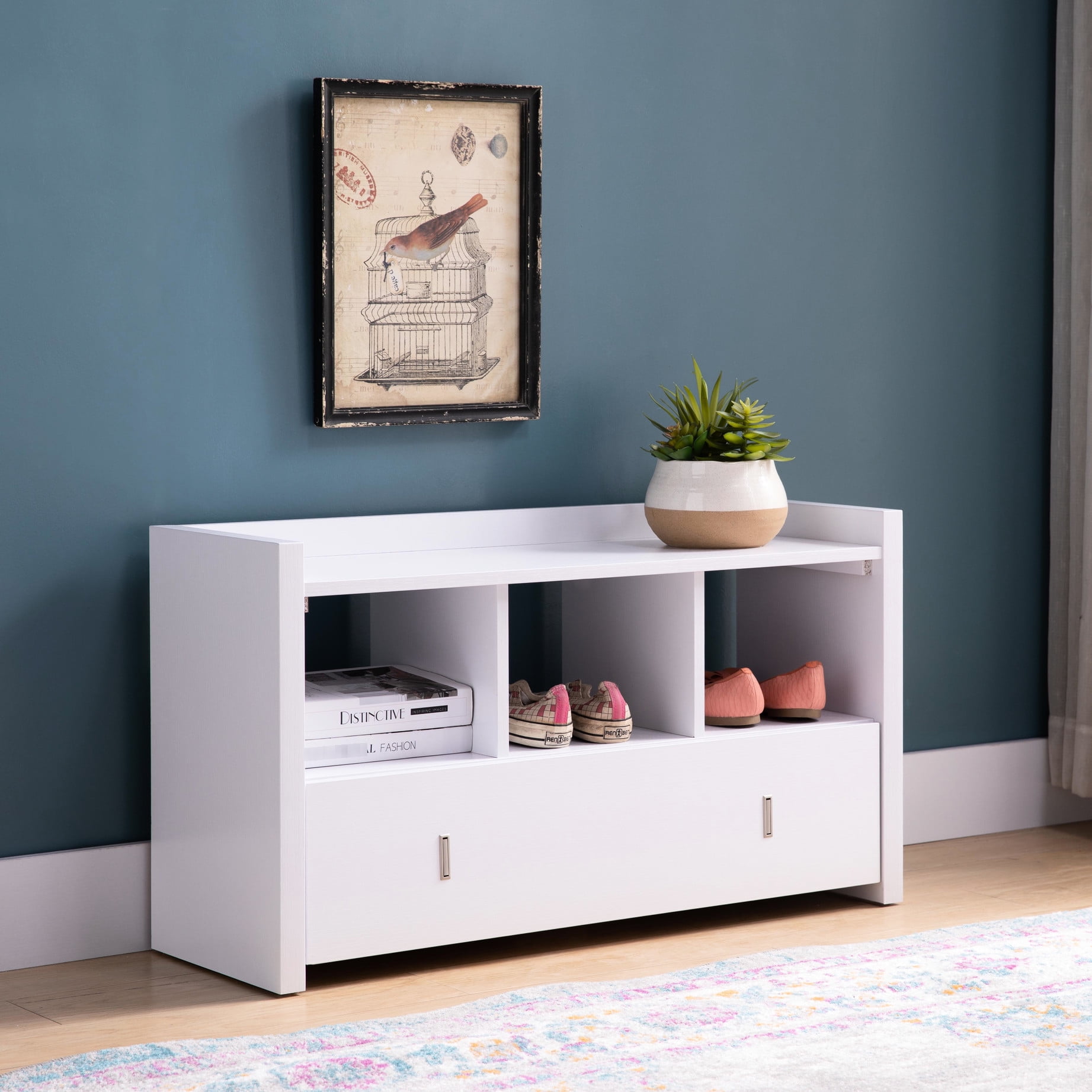 White Entryway Shoe Chest Organizer With Three Shelves And Drawer Stand ...