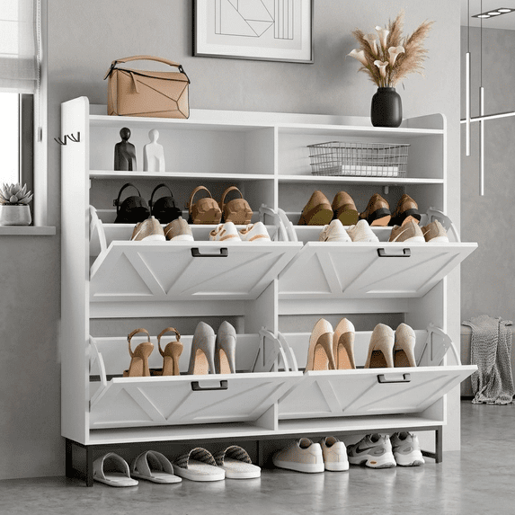 White Entryway Shoe Storage Cabinet with 4 Flip-Down Drawers ...