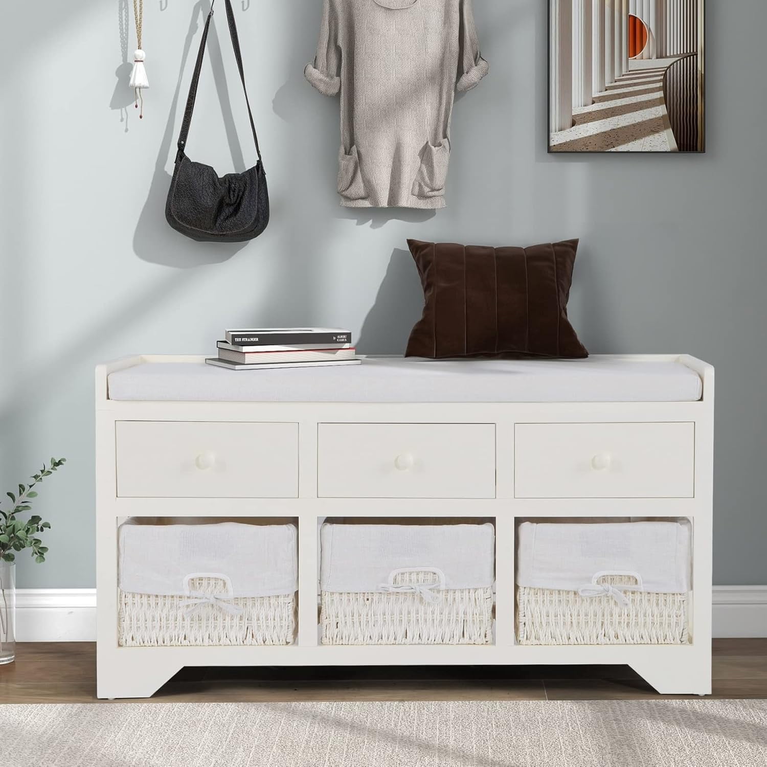 White Entryway Storage Bench with 6 Pull-Out Drawers, Removable ...