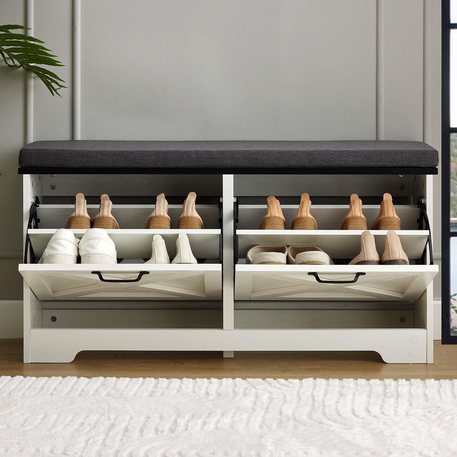 White Entryway Storage Bench with Flip Drawers - Shoe Cabinet ...