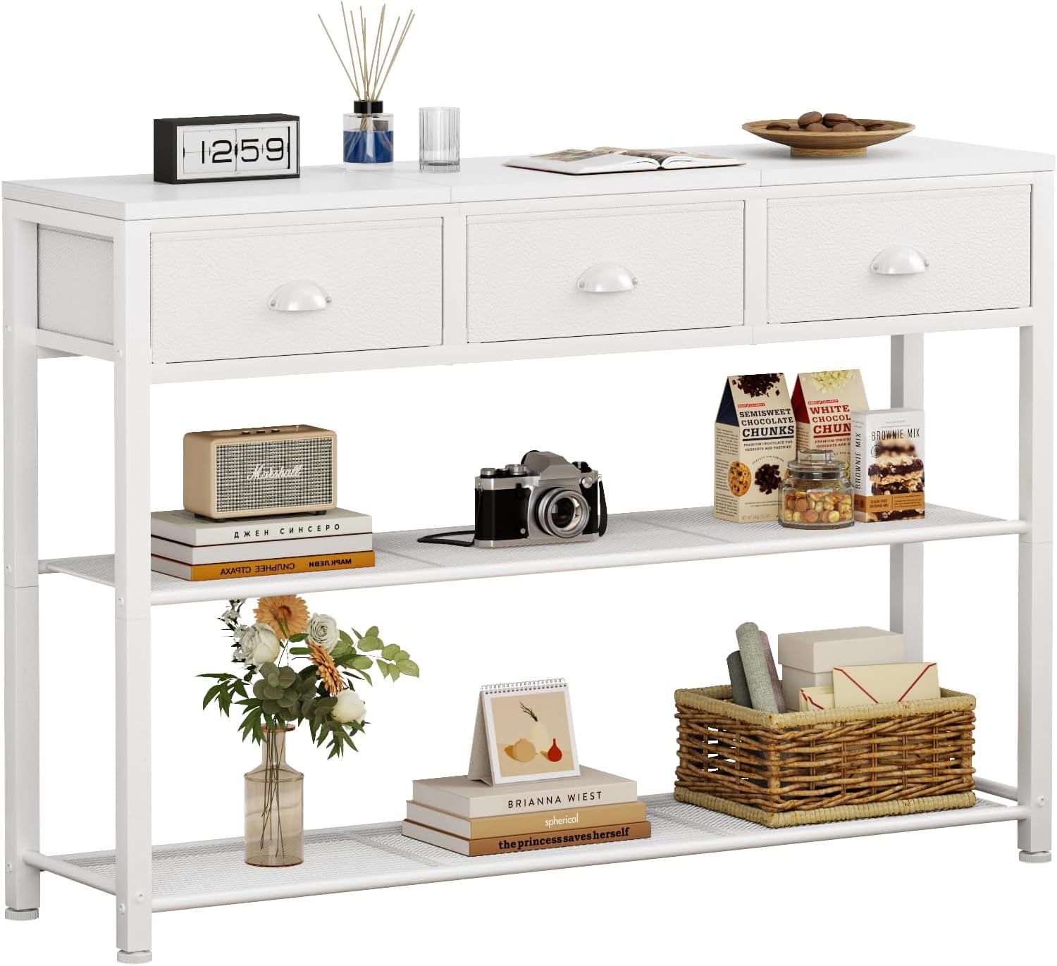 White Entryway Table, 38'' Console Sofa Table with 3 Fabric Drawers ...