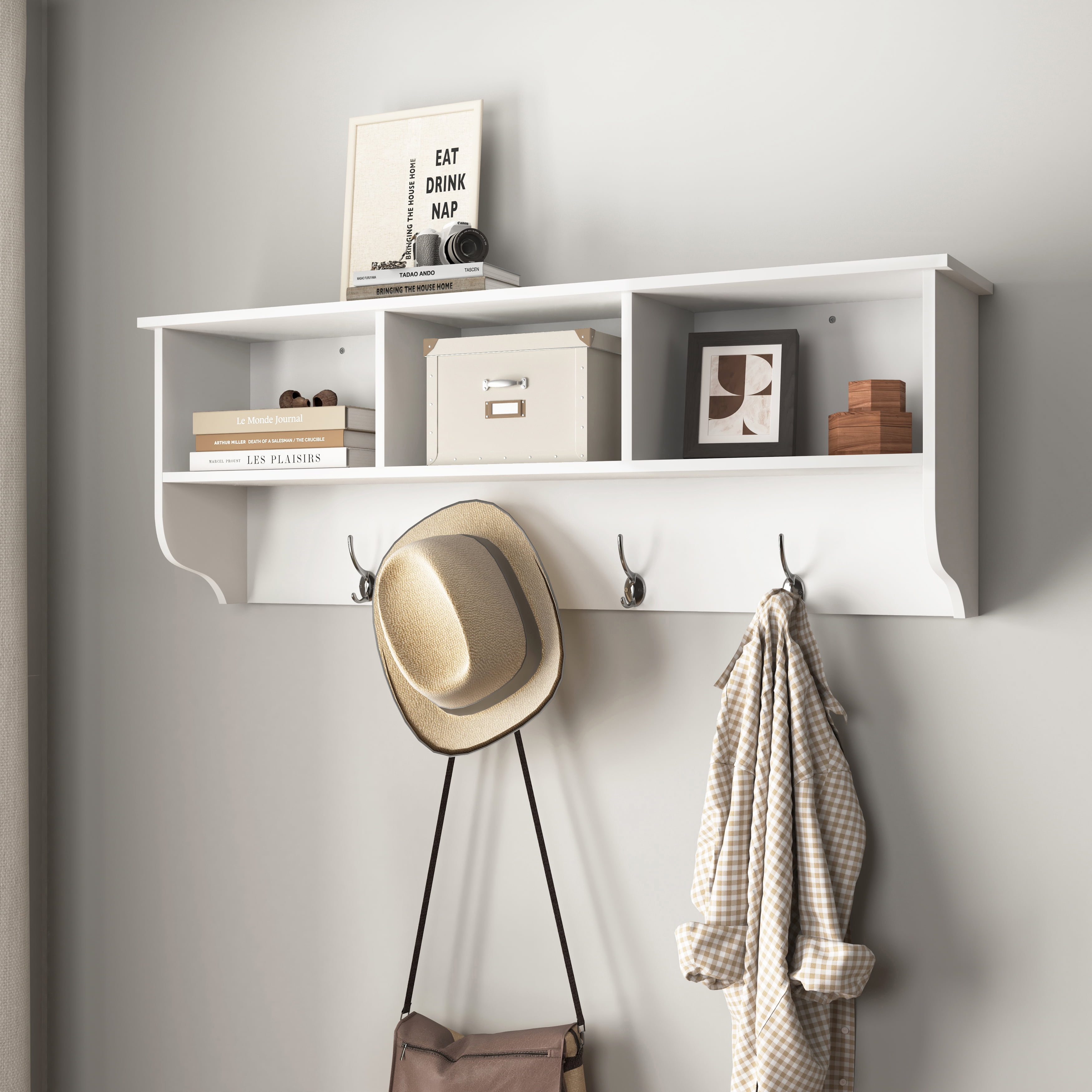 White Entryway Wall Mounted Coat Rack with 4 Dual Hooks Living Room ...