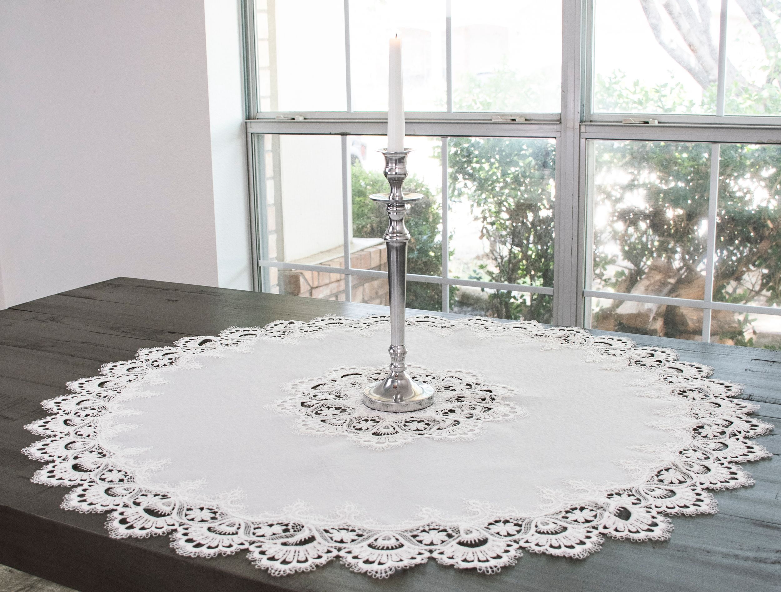 White European Lace and Antique Jacquard Fabric Table Topper (23"/33 ...