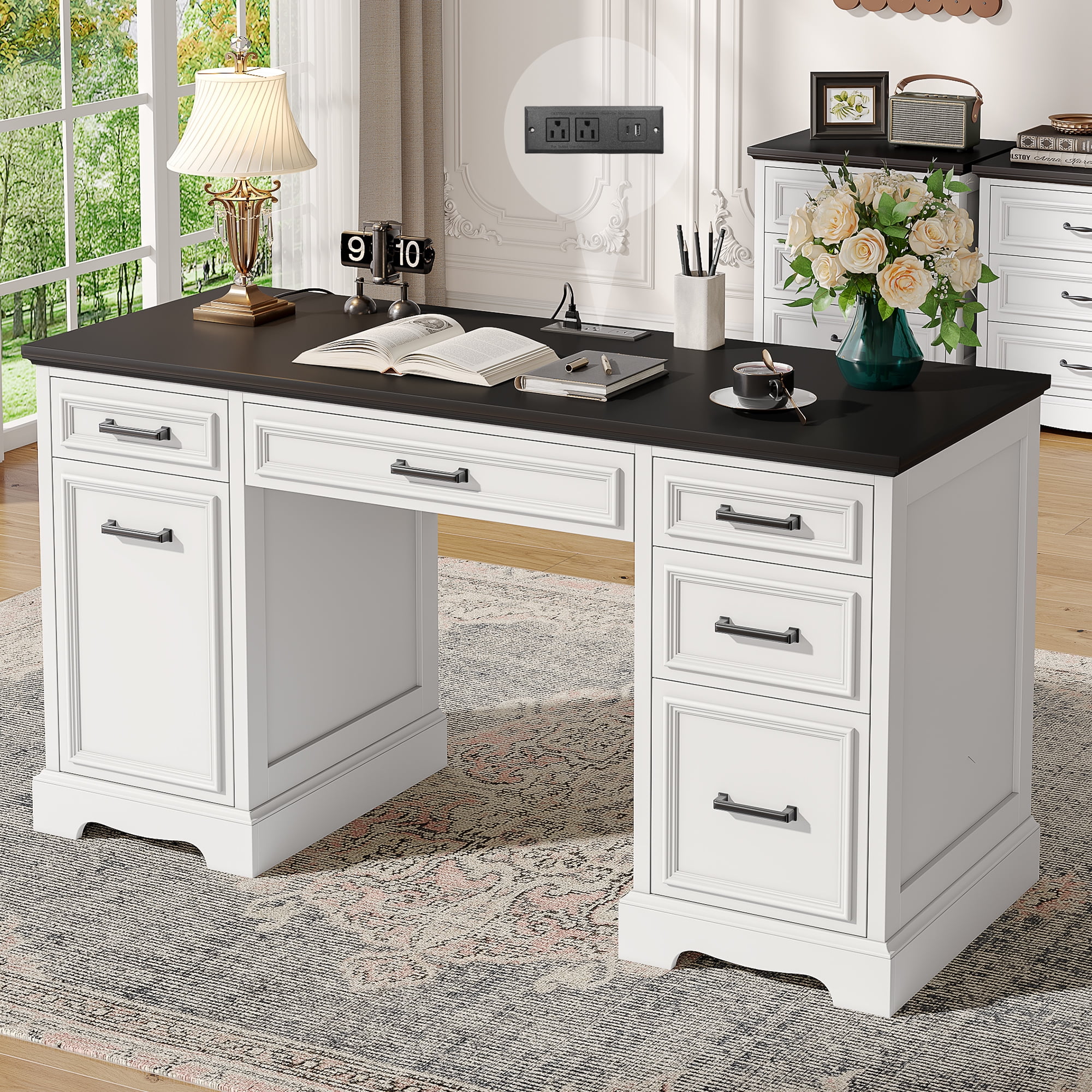 White Executive Home Office Desk with Charging Station and Drawers for ...