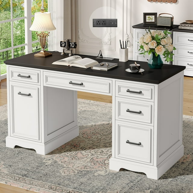 White Executive Home Office Desk with Charging Station and Drawers for ...