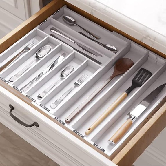 White Expandable Bamboo Cutlery Tray, Labeled Compartment Utensil ...