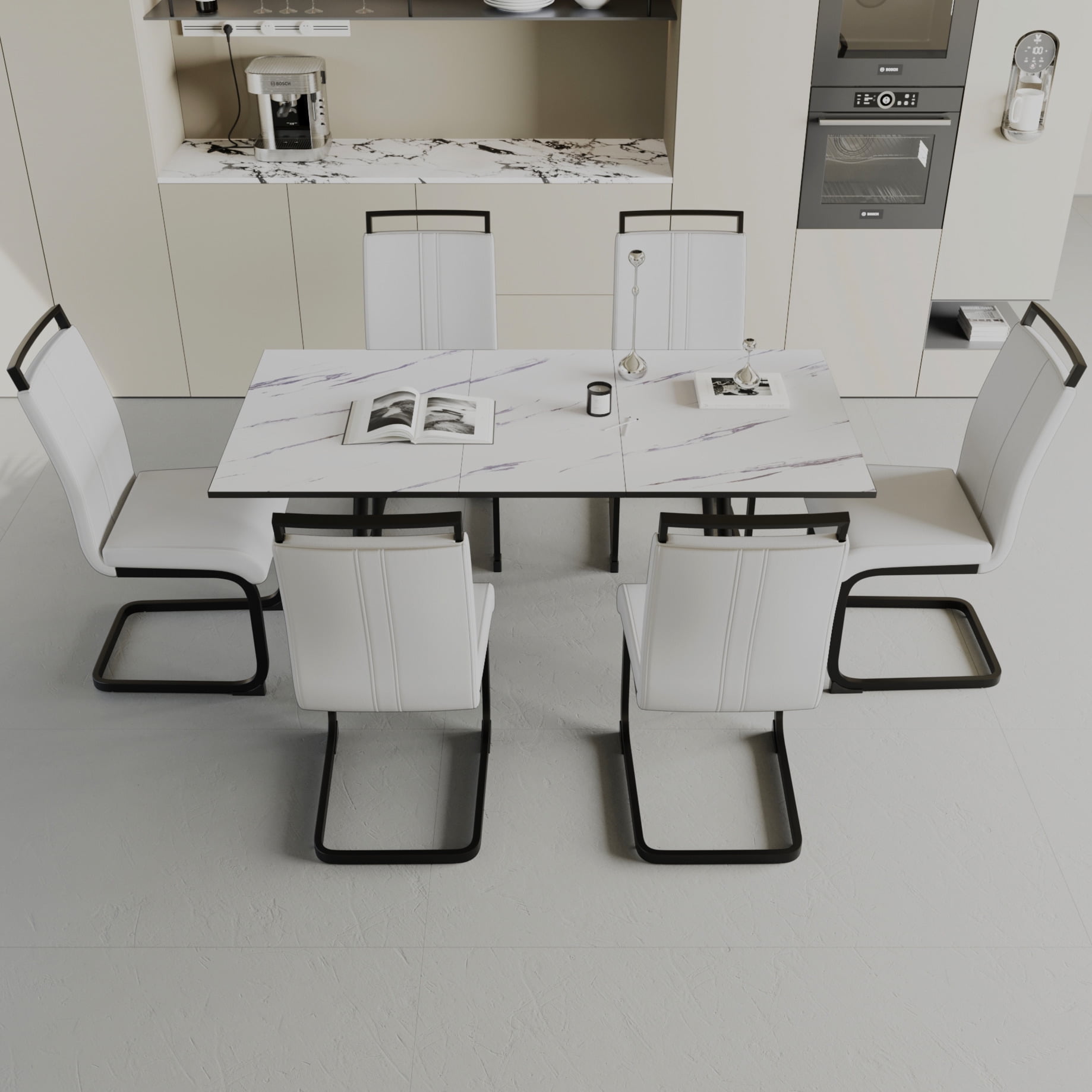 White Expandable Dining Table For 2-6: 47"-63" With Cushioned Chair And ...