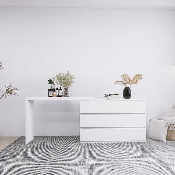 White Extended Desktop 6-Drawer Chest of Drawers (Handleless) - Vanity ...