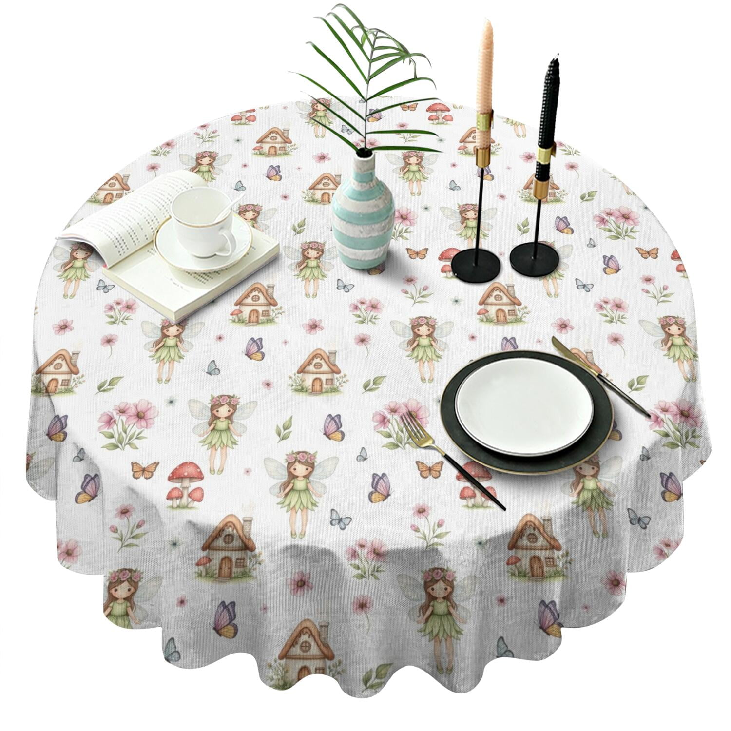White Fairy Cottage Princess Pattern Round Tablecloth 60"x60",Wrinkle ...