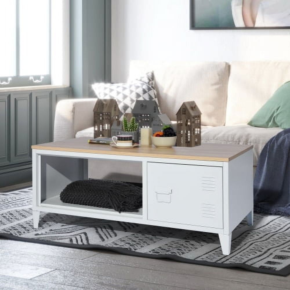 White Farmhouse Coffee Table, Modern Living Room Table with Storage ...