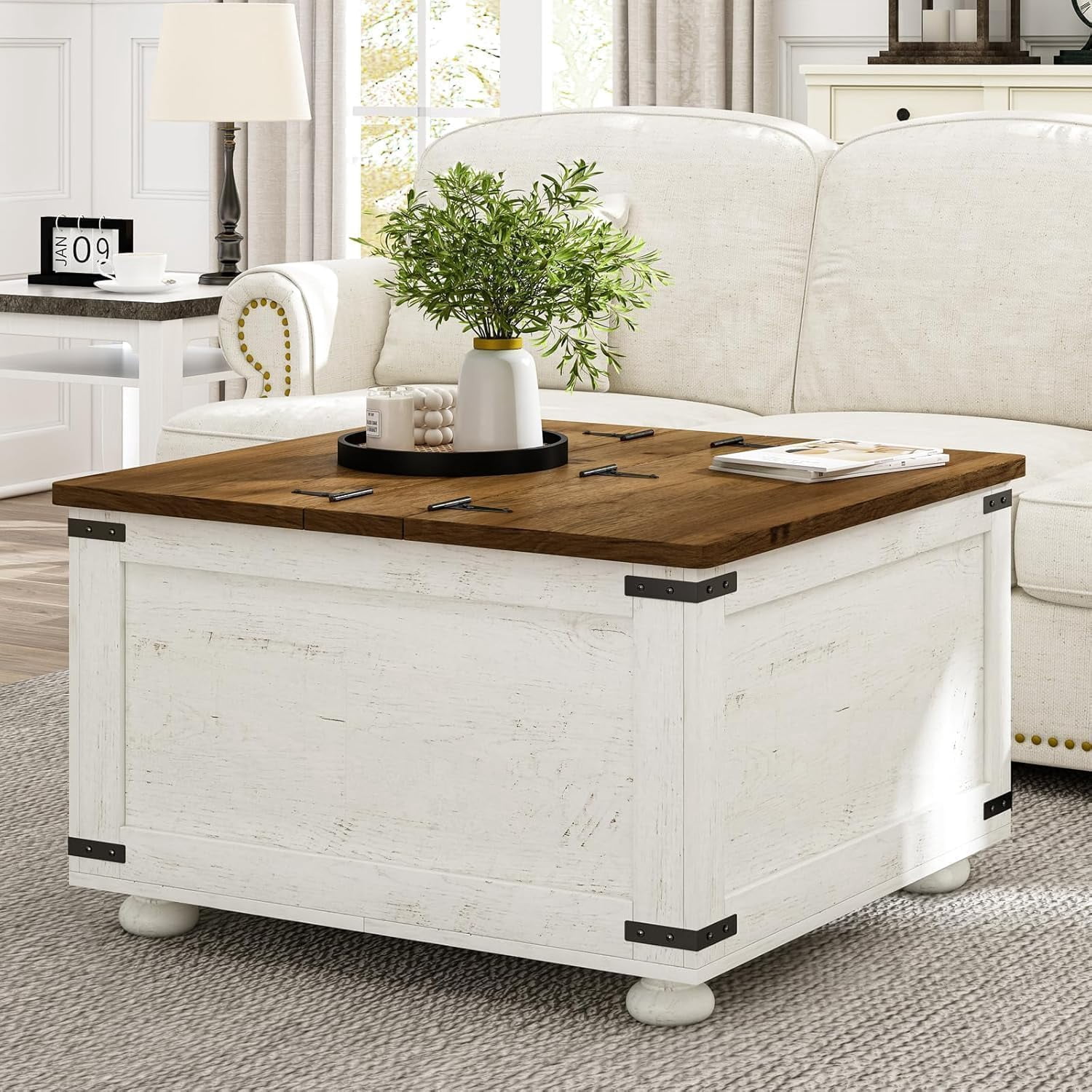 White Farmhouse Coffee Table with Storage, Square Center Table with ...