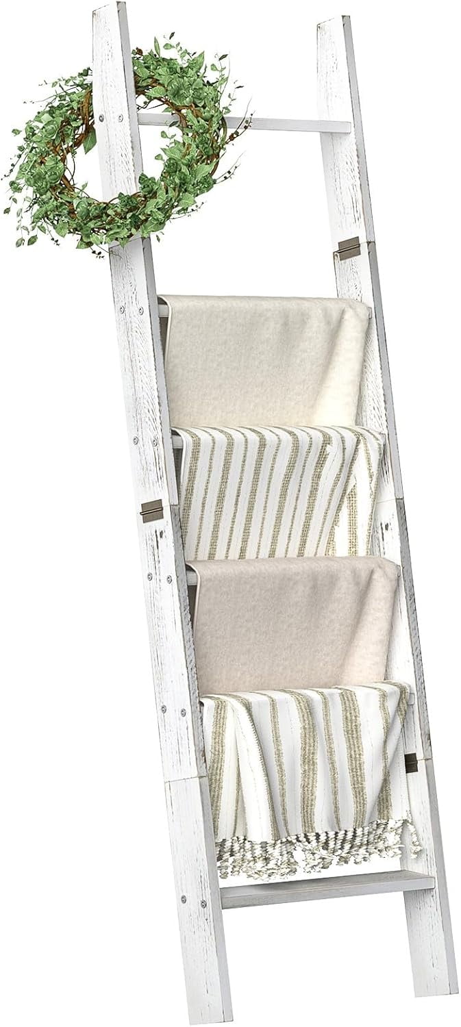White Farmhouse Decor Wooden Quilt Ladder, Wall-Leaning Blanket Rack, 6 ...