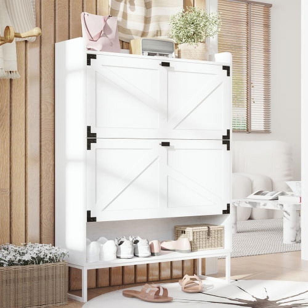 White Farmhouse Shoe Cabinet with 2 Flip-Up Drawers - Freestanding ...