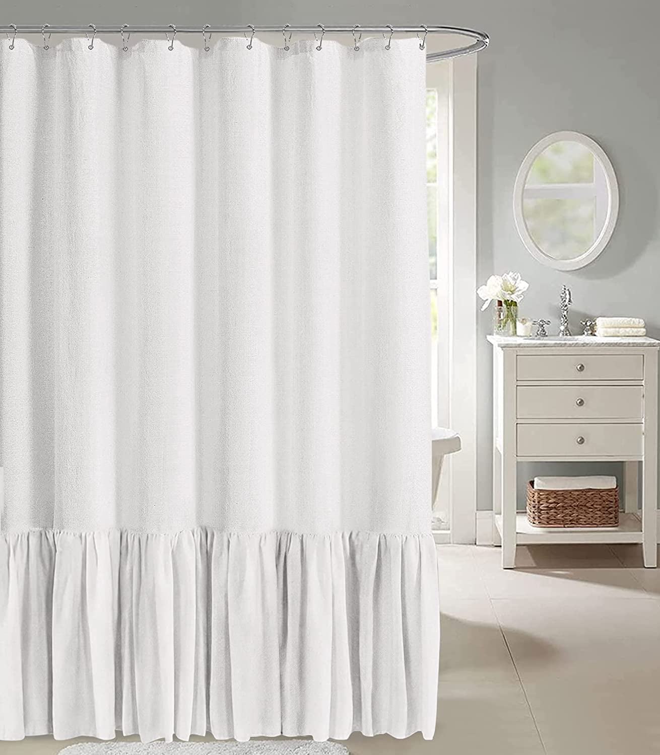 "White Fabric Farmhouse Shower Curtain with Ruffle, 72""x 72"" for ...