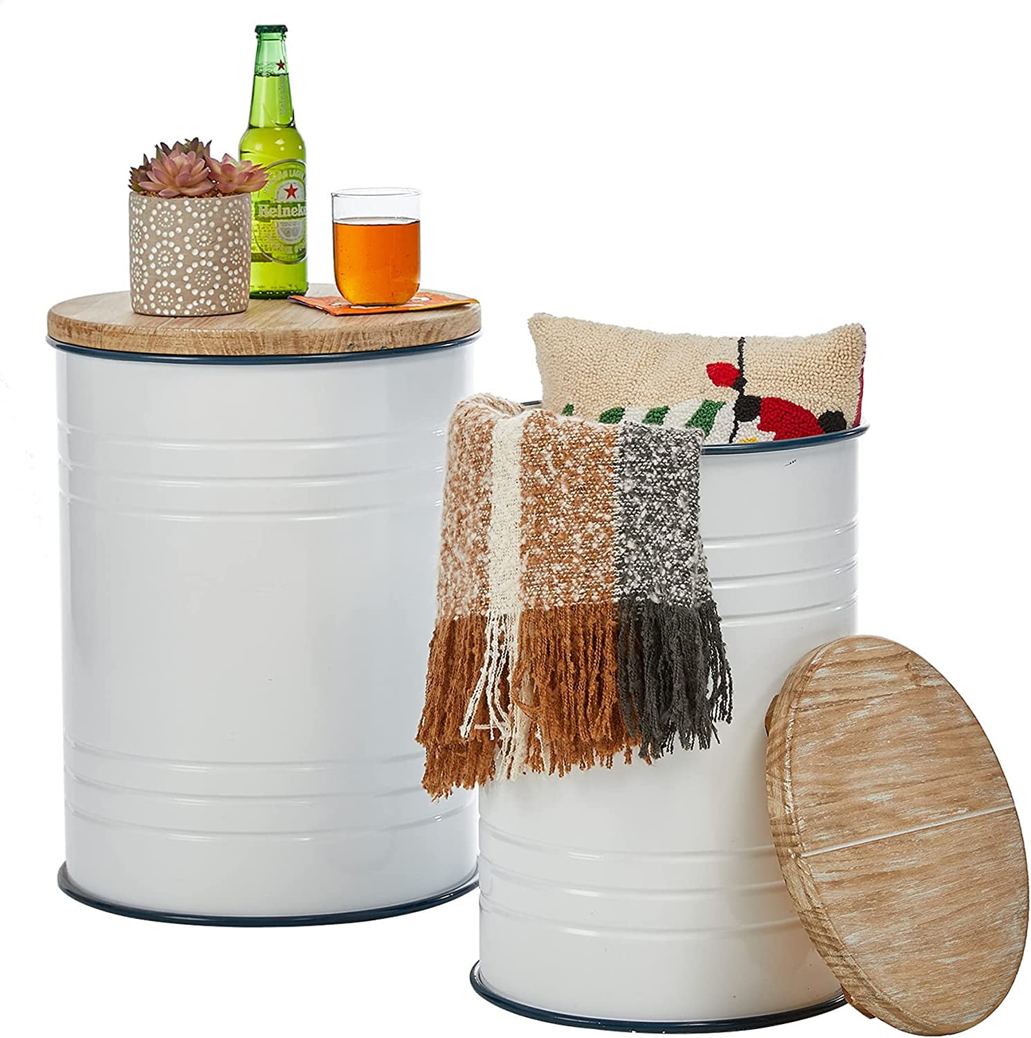 White Farmhouse Storage Ottoman Set of 2 with Round Wood Lids ...
