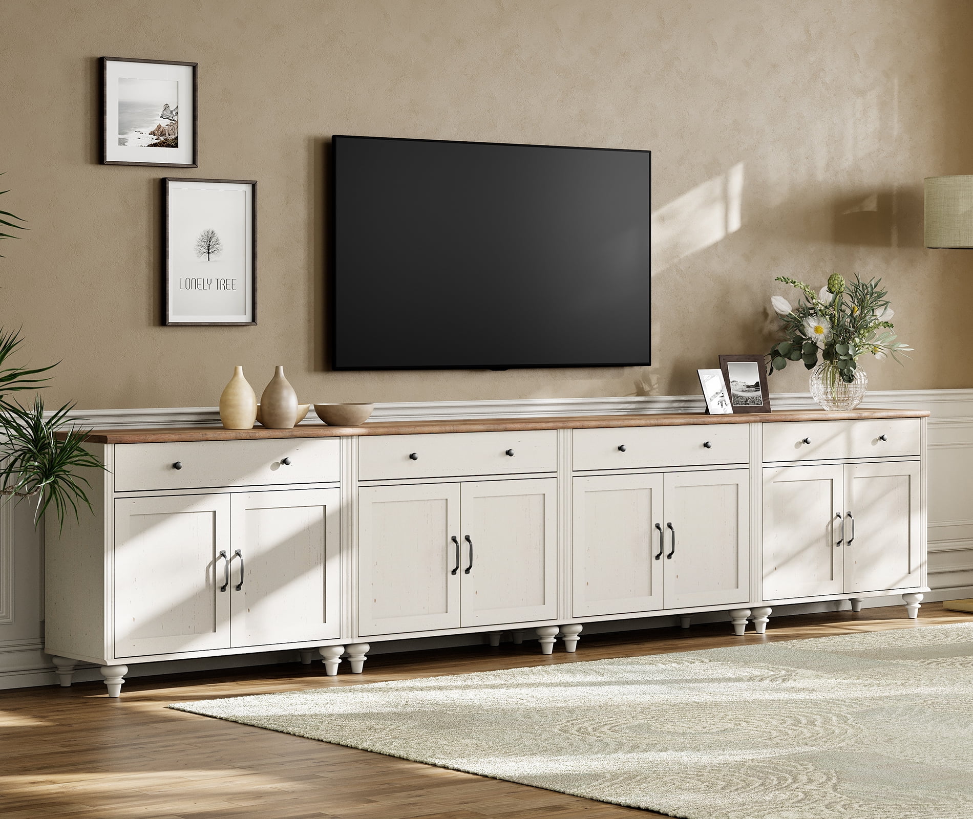 White Farmhouse TV Stand with 8 Doors and 4 Drawers, Suitable for 85 ...