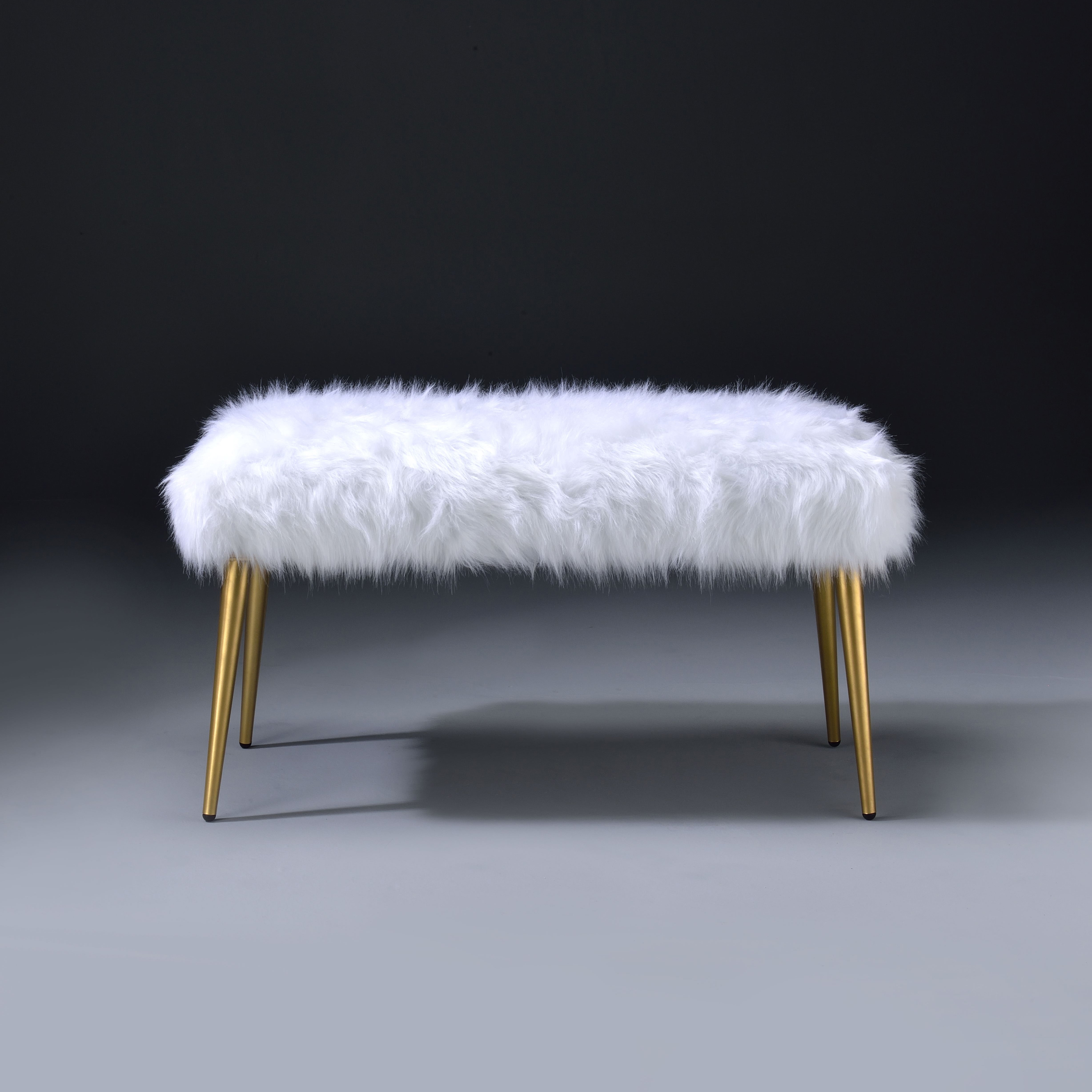 White Faux Fur Bench with Gold Metal Legs, Sleek Entryway Seating ...