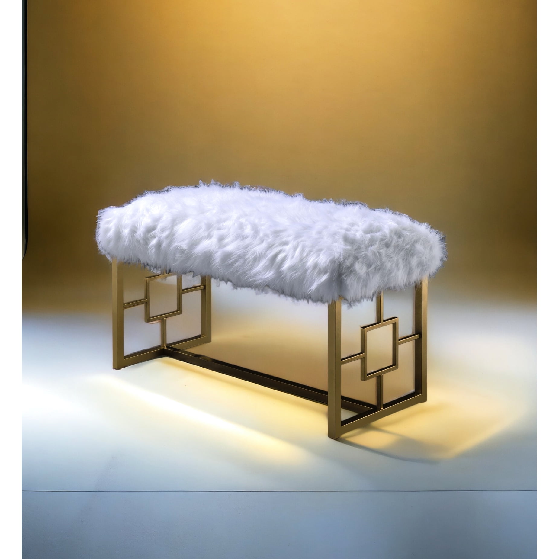 White Faux Fur & Gold Finish Bench, No Storage, Armless Backless Design ...