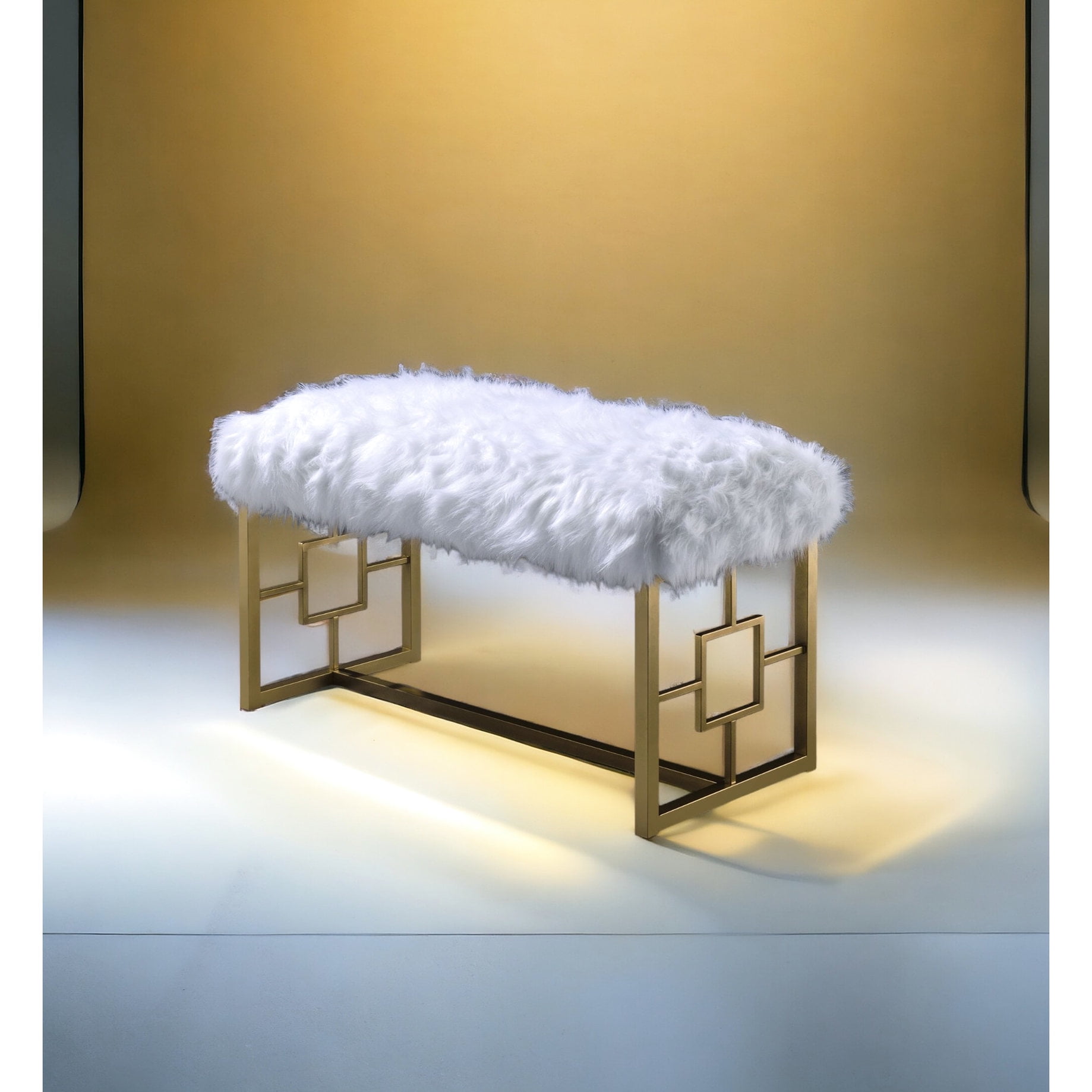 White Faux Fur Padded Seat & Gold Finish Metal Base - Armless Backless ...