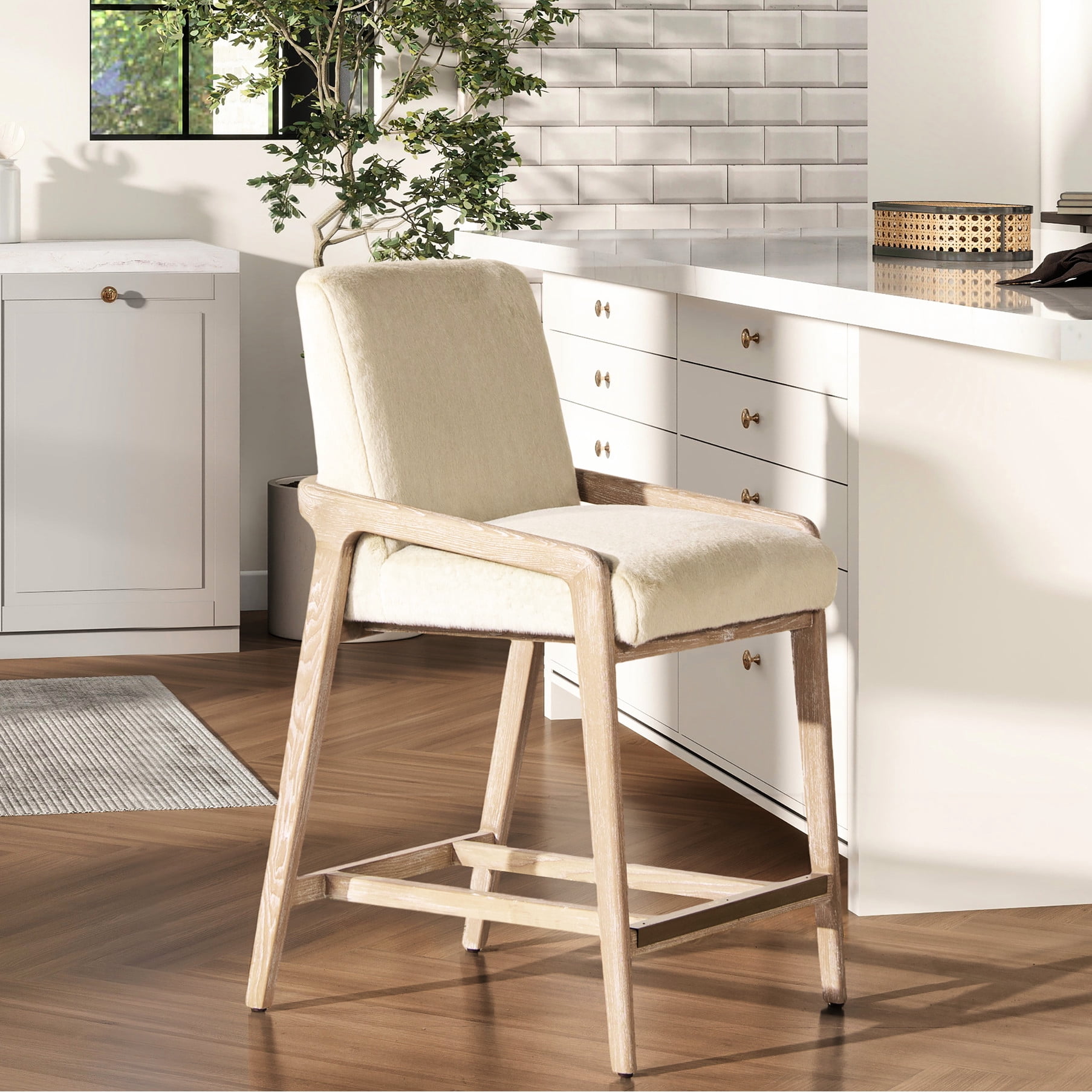 White Faux Fur Upholstered Stool - Solid Ash Wood Construction With ...