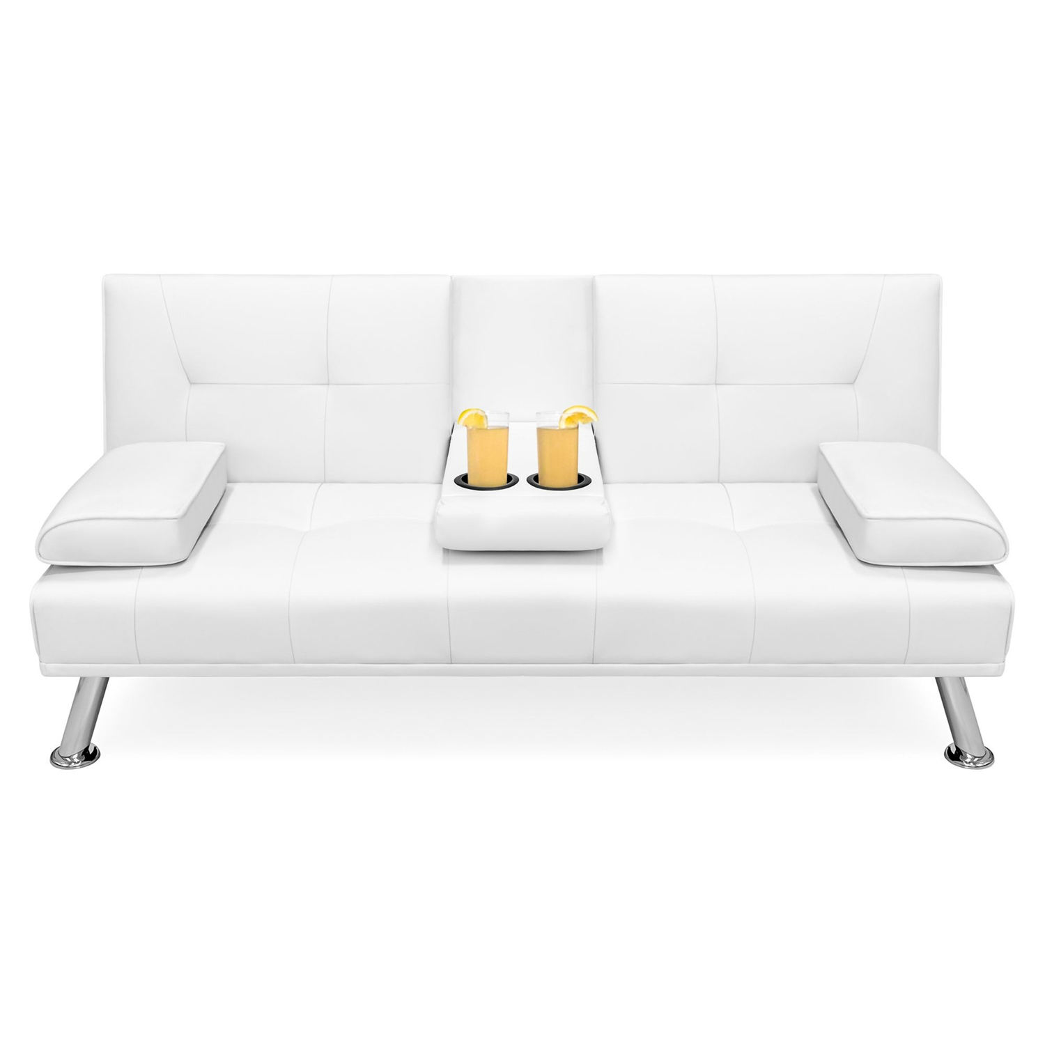 White Faux Leather Convertible Sofa Futon with 2 Cup Holders - Walmart.com