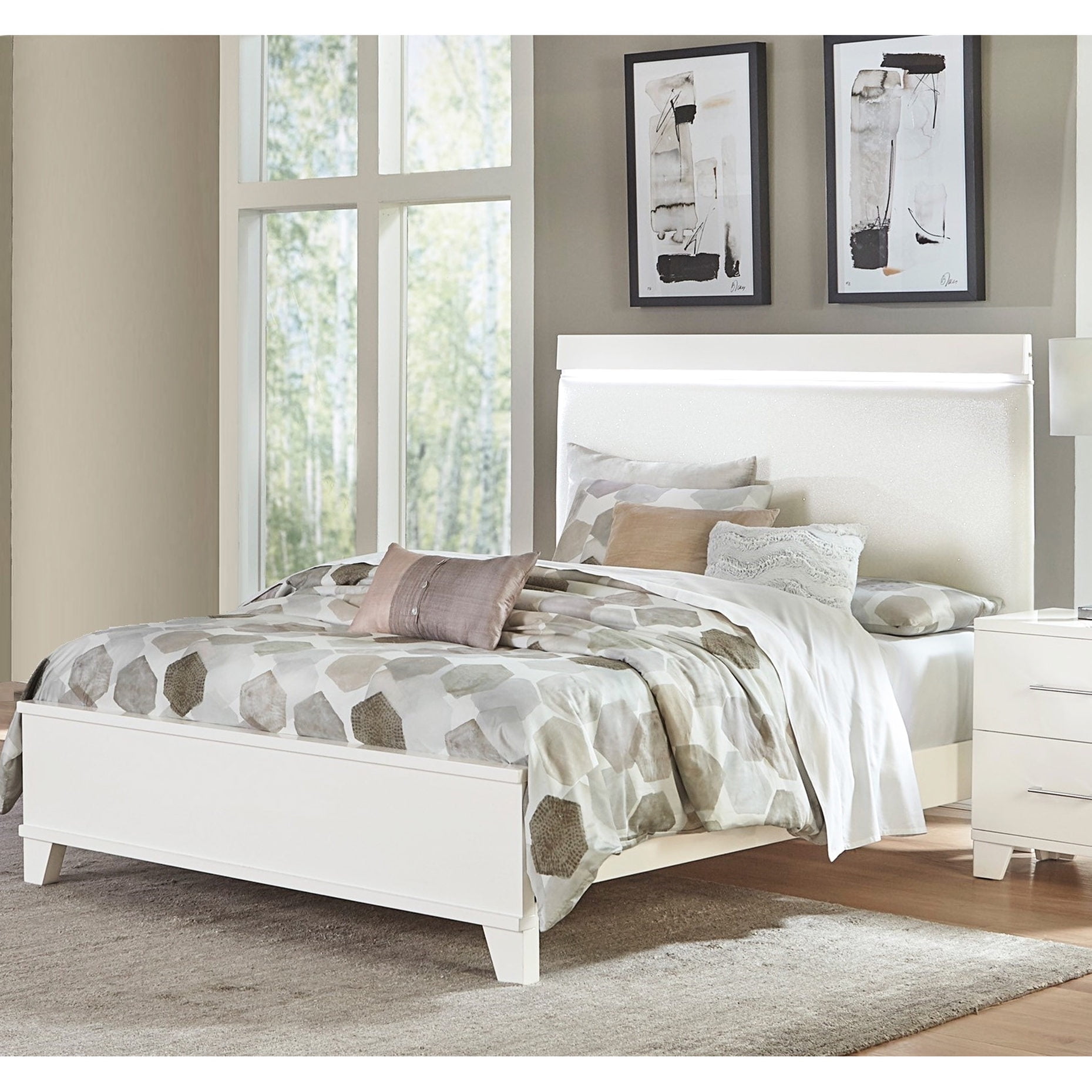 White Faux Leather Headboard Modern Full Bed With Led Feature Gloss ...