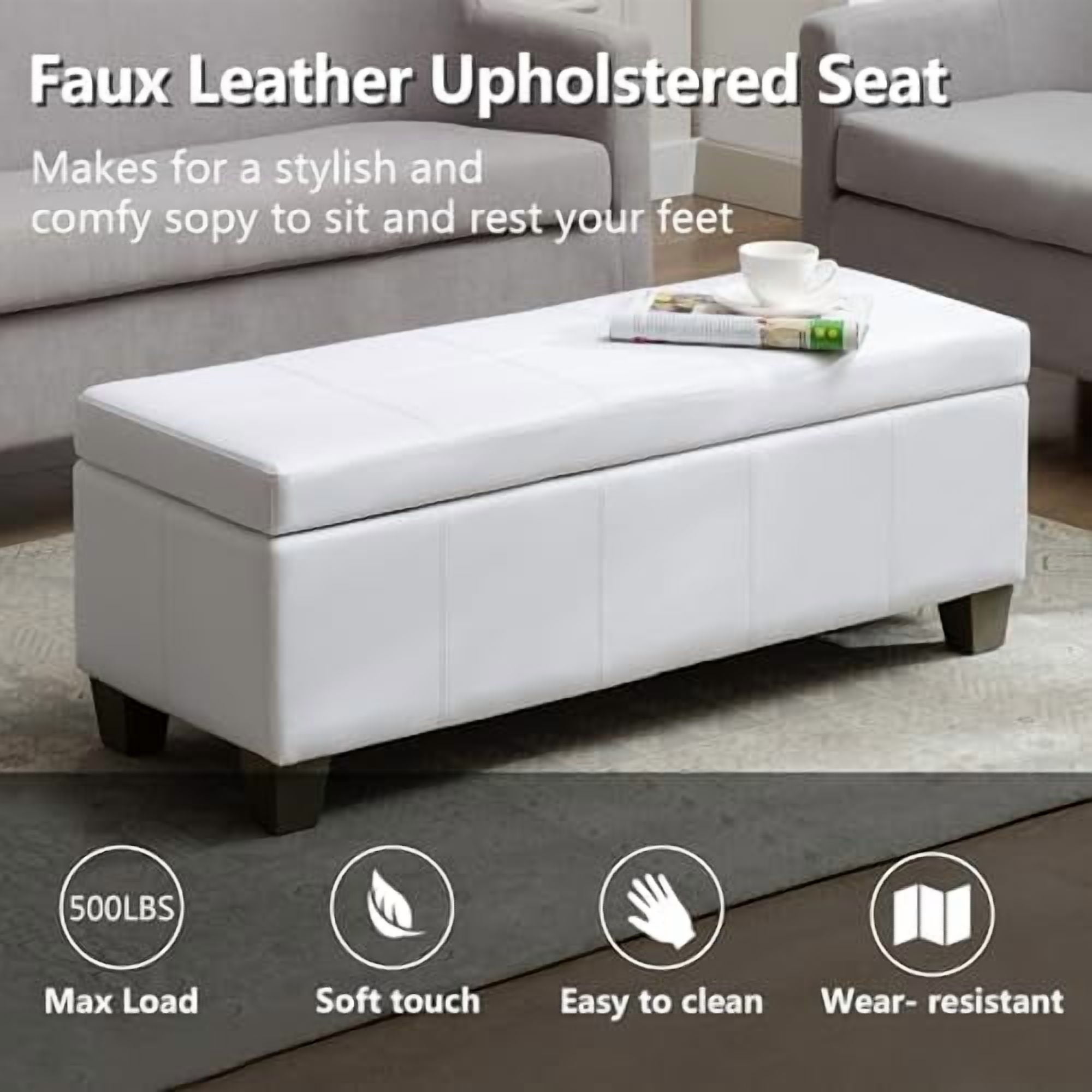 White Faux Leather Ottoman with Storage, Rectangular Extra Long Storage ...