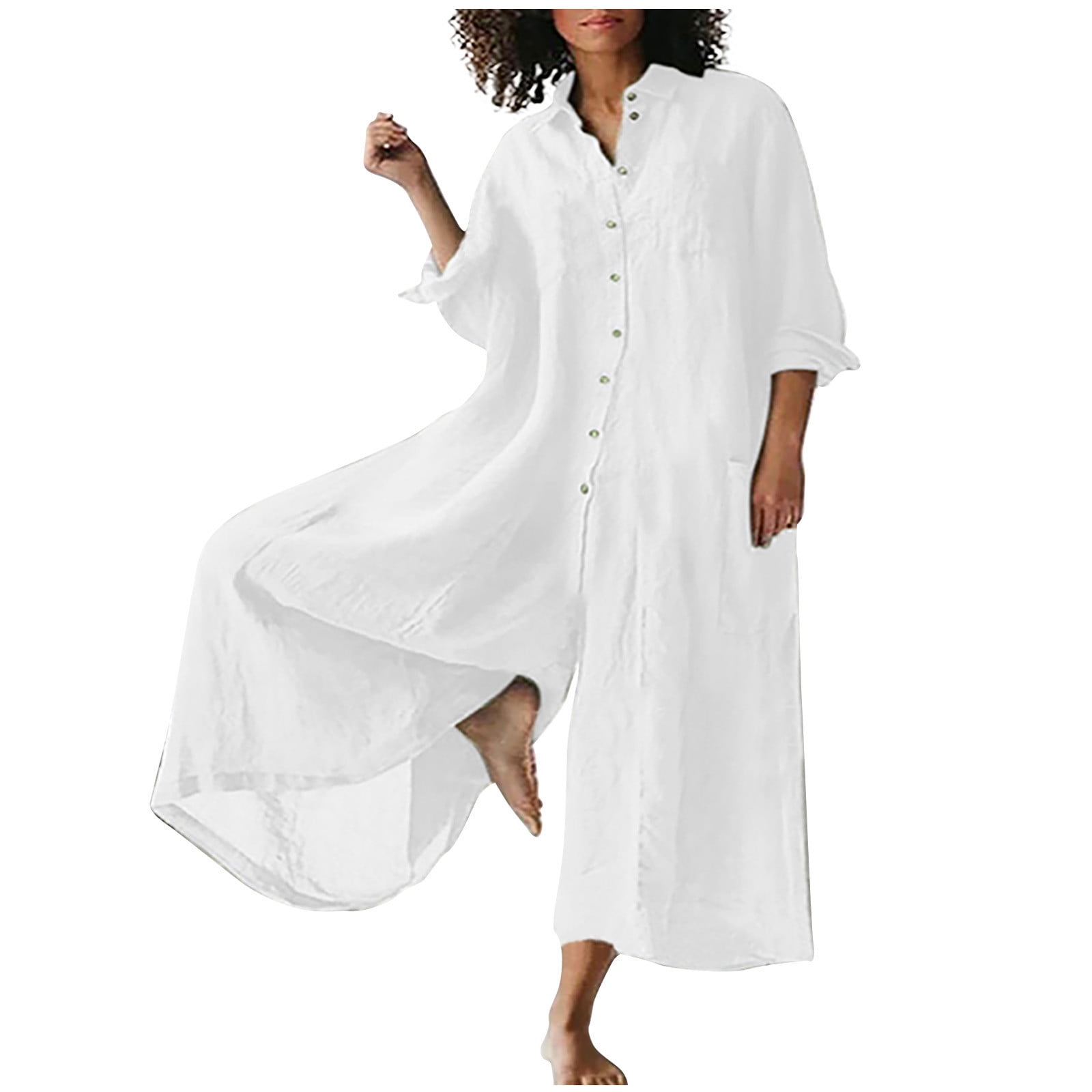 White Faux Linen Overalls for Teen Girls Fall Summer Loose Fit Brunch Thin Flare Bell Bottom ...