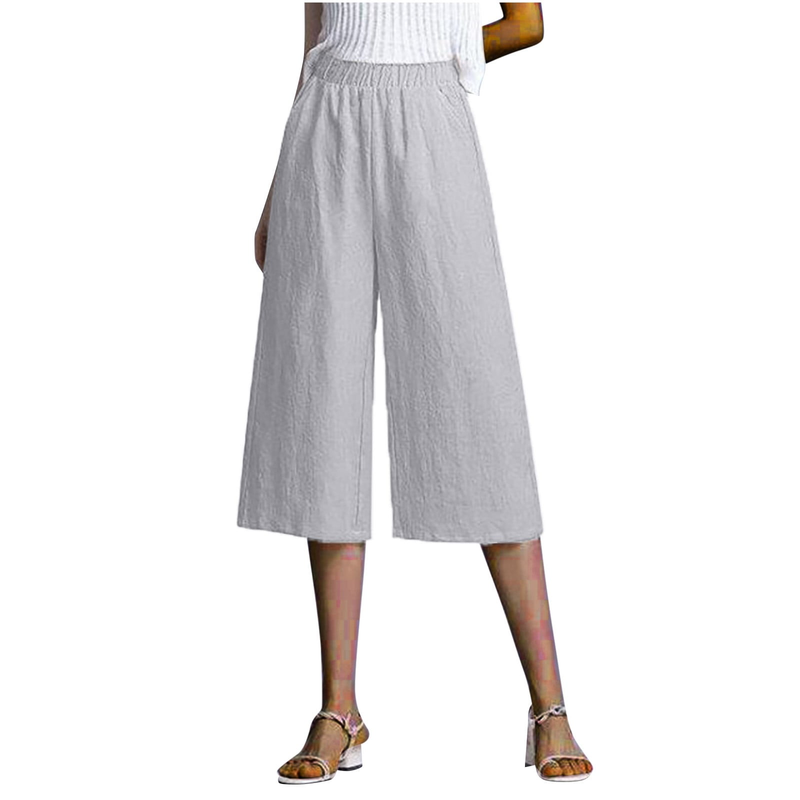 White Faux Linen for Women Summer Fall Loose Fit Lounge Capri Flare ...