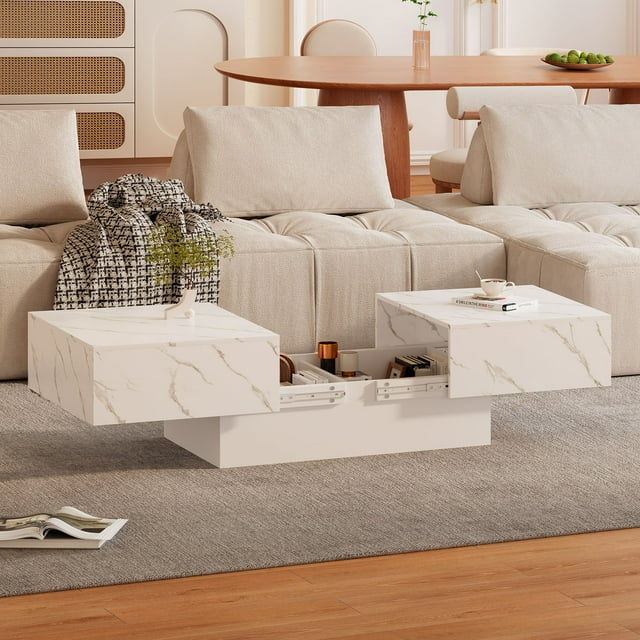 White Faux Marble Glossy Coffee Table Living Room Extendable Top Hidden ...