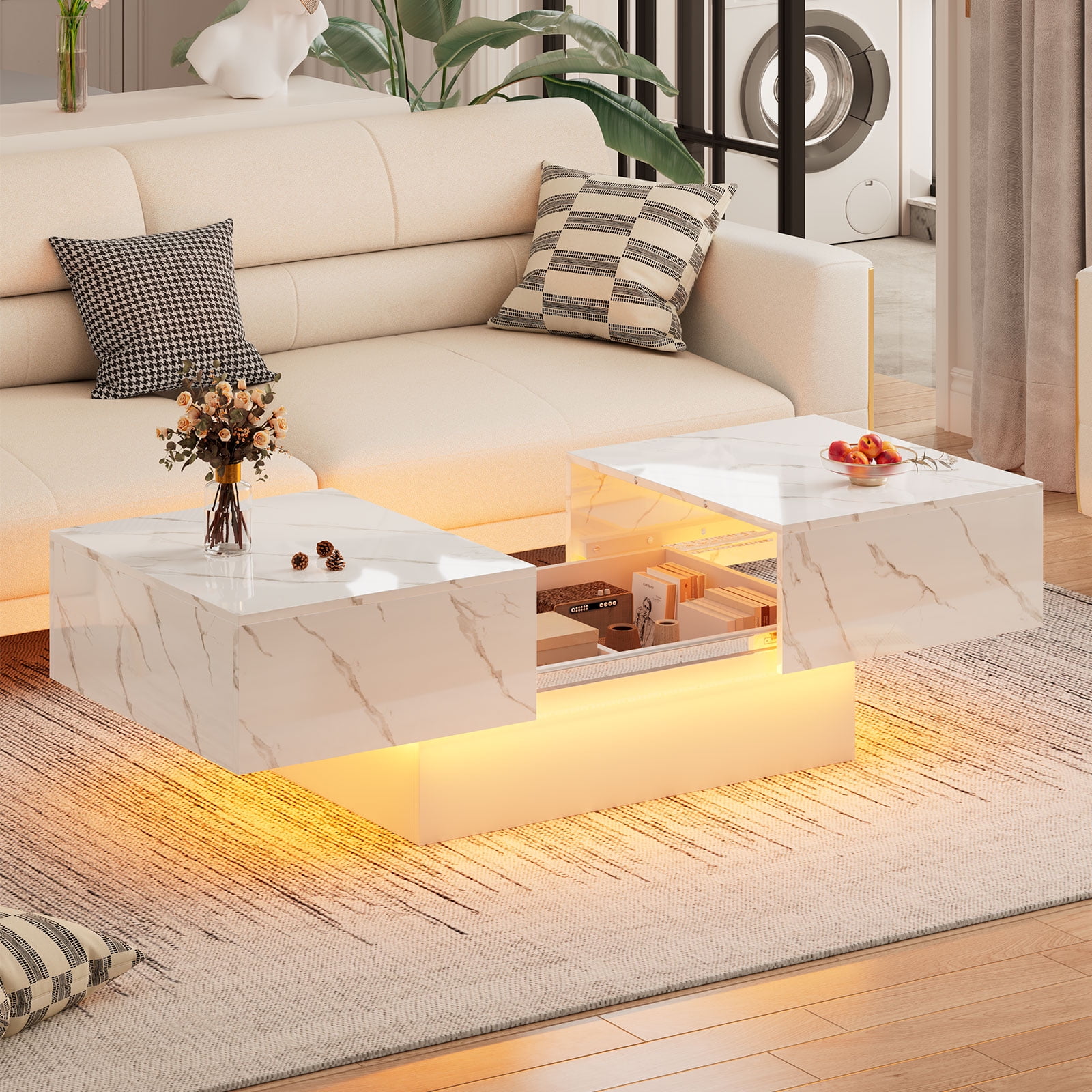 Hironpal Modern Contemporary Storage Rectangle Marble Coffee Table White