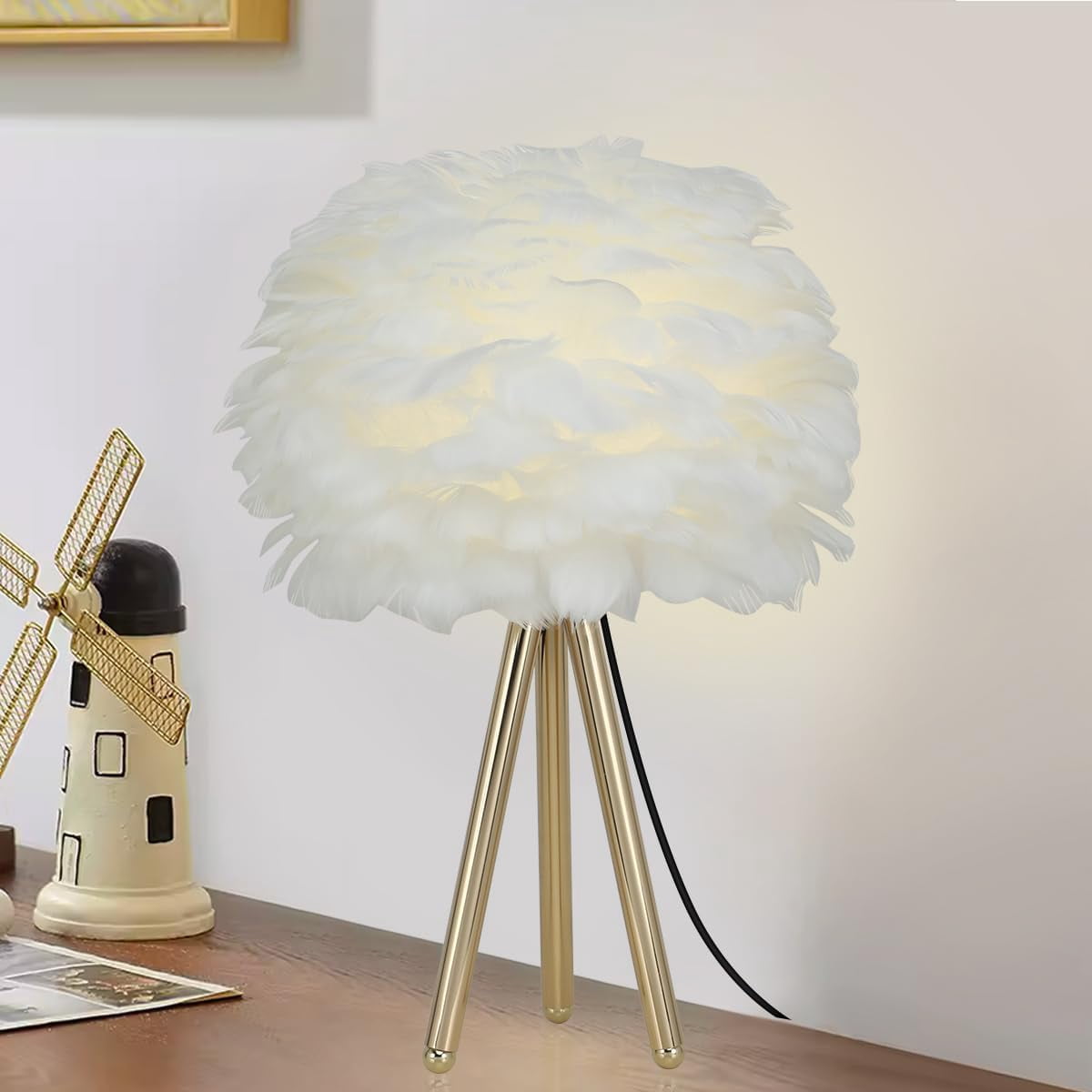 White Feather Lamp Furry Tripod Table Lamp H16'' Modern Princess ...