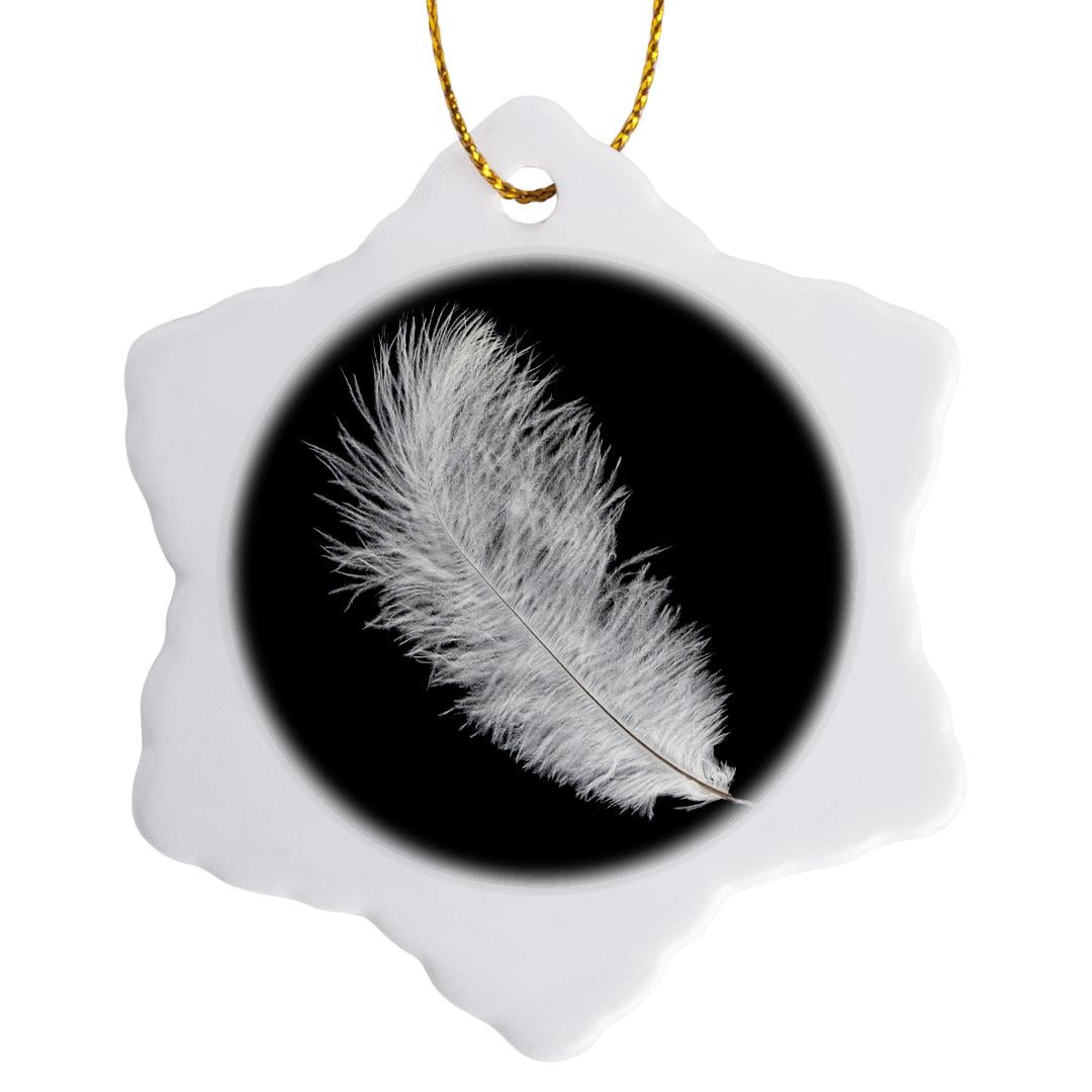 White Feather On Black Background, 3 inch Snowflake Porcelain Ornament ...