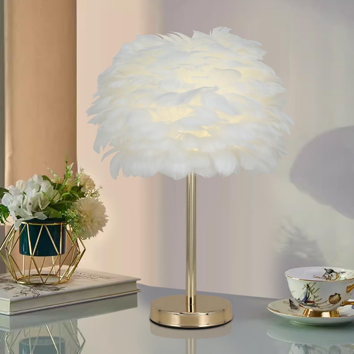 White Feather Table Lamp - Chic Design, Gold Stand, Fluffy Desk Light ...
