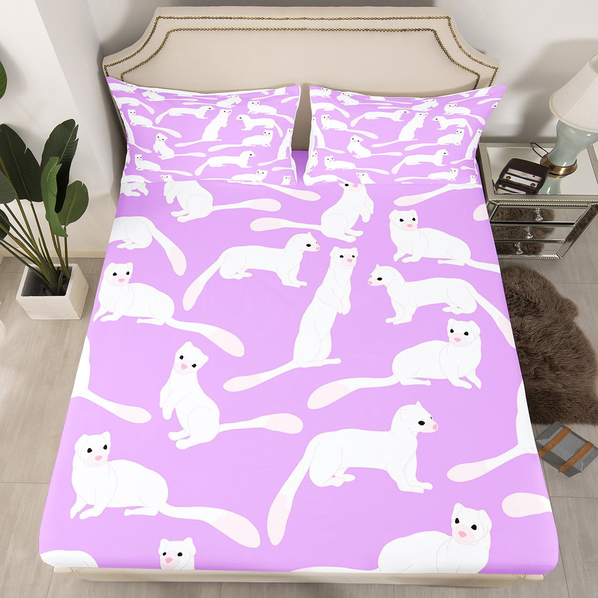 White Ferret Bed Sheets Minks Weasel Animal Bedding Set Kawaii Wild ...