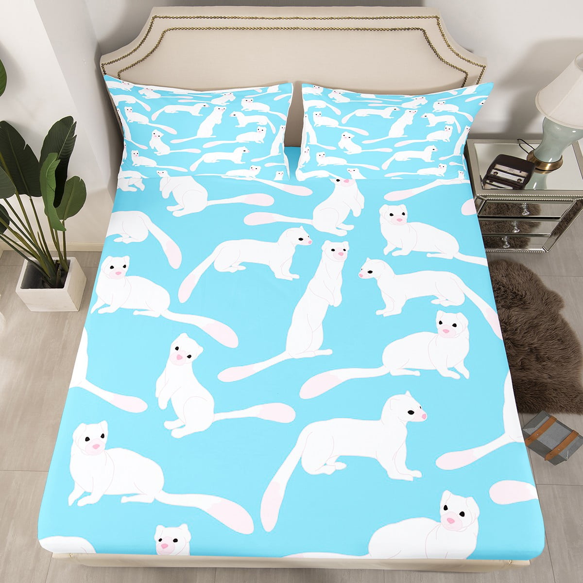 White Ferret Bed Sheets Minks Weasel Animal Bedding Set Kawaii Wild ...