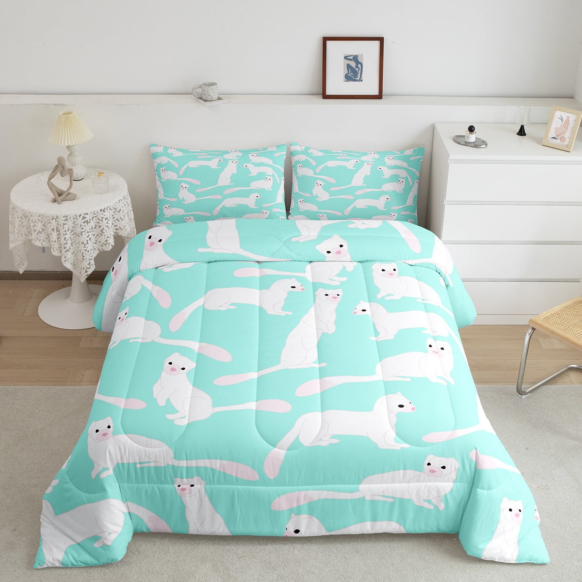 White Ferret Bedding Set Minks Weasel Animal Quilt Kawaii Wild Animals ...