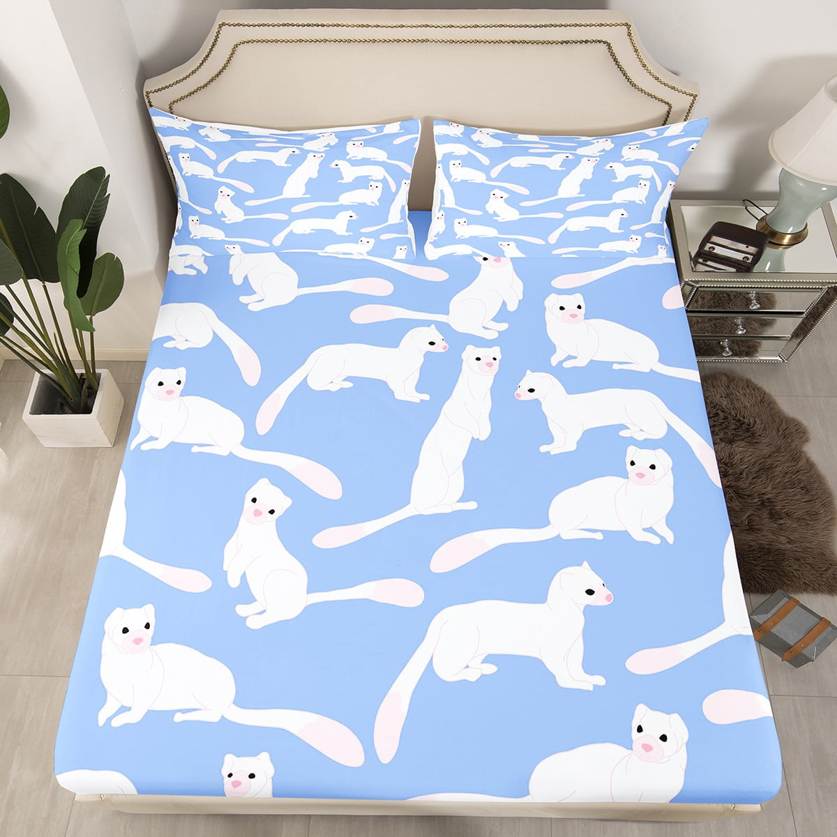 White Ferret Fitted Sheet Kawaii Bed Sheets Cute Wild Animals Bedding ...