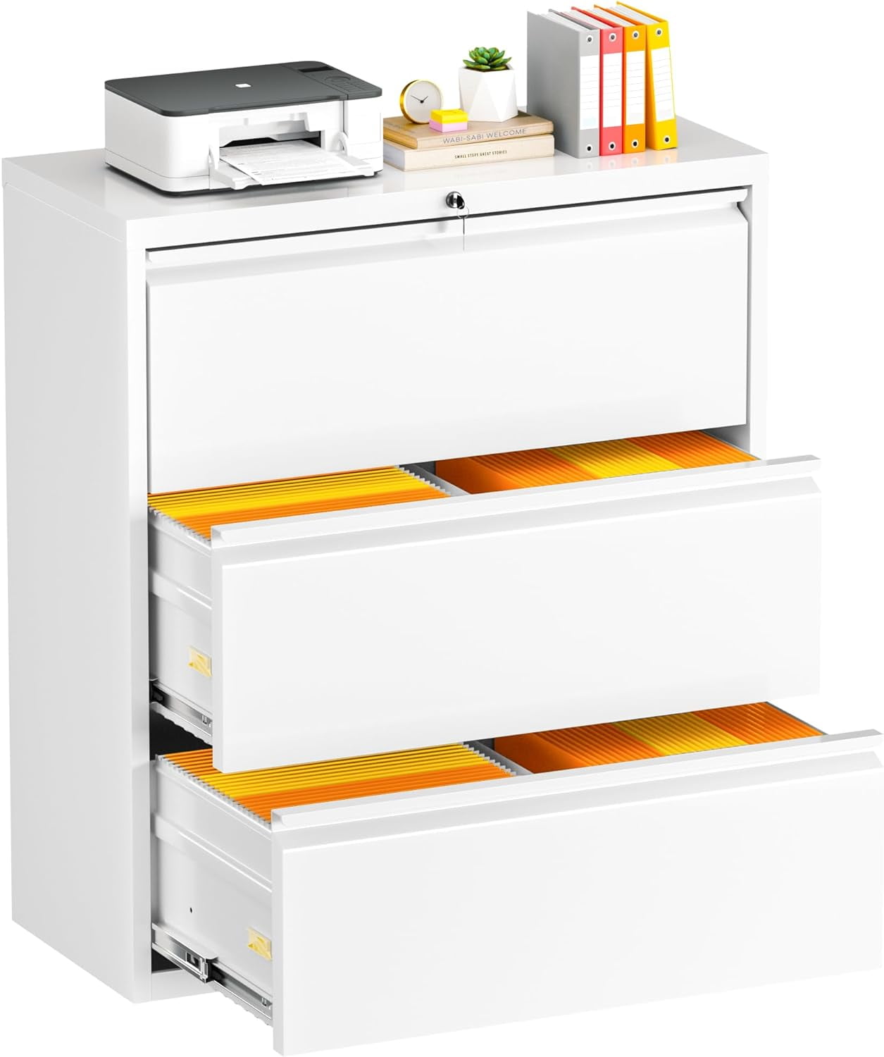 White File Cabinet 3 Drawer, Metal Lateral Filing Cabinet with Lock ...