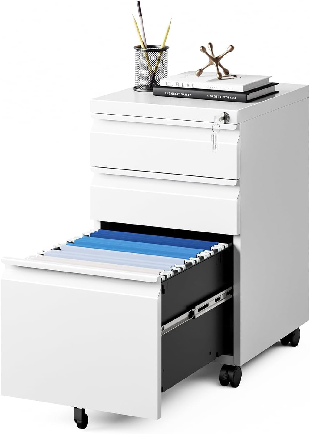 White Filing Cabinet 3 Drawers on Wheels Under Desk, Metal Rolling File ...