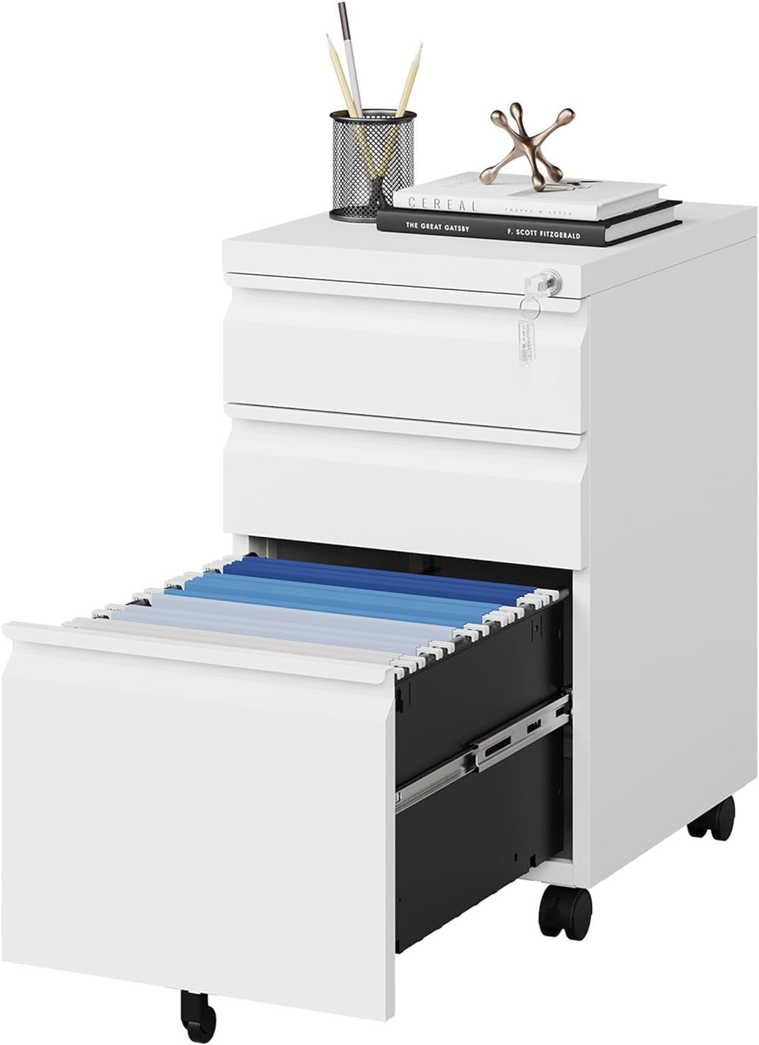 White Filing Cabinet 3 Drawers on Wheels Under Desk, Metal Rolling File ...