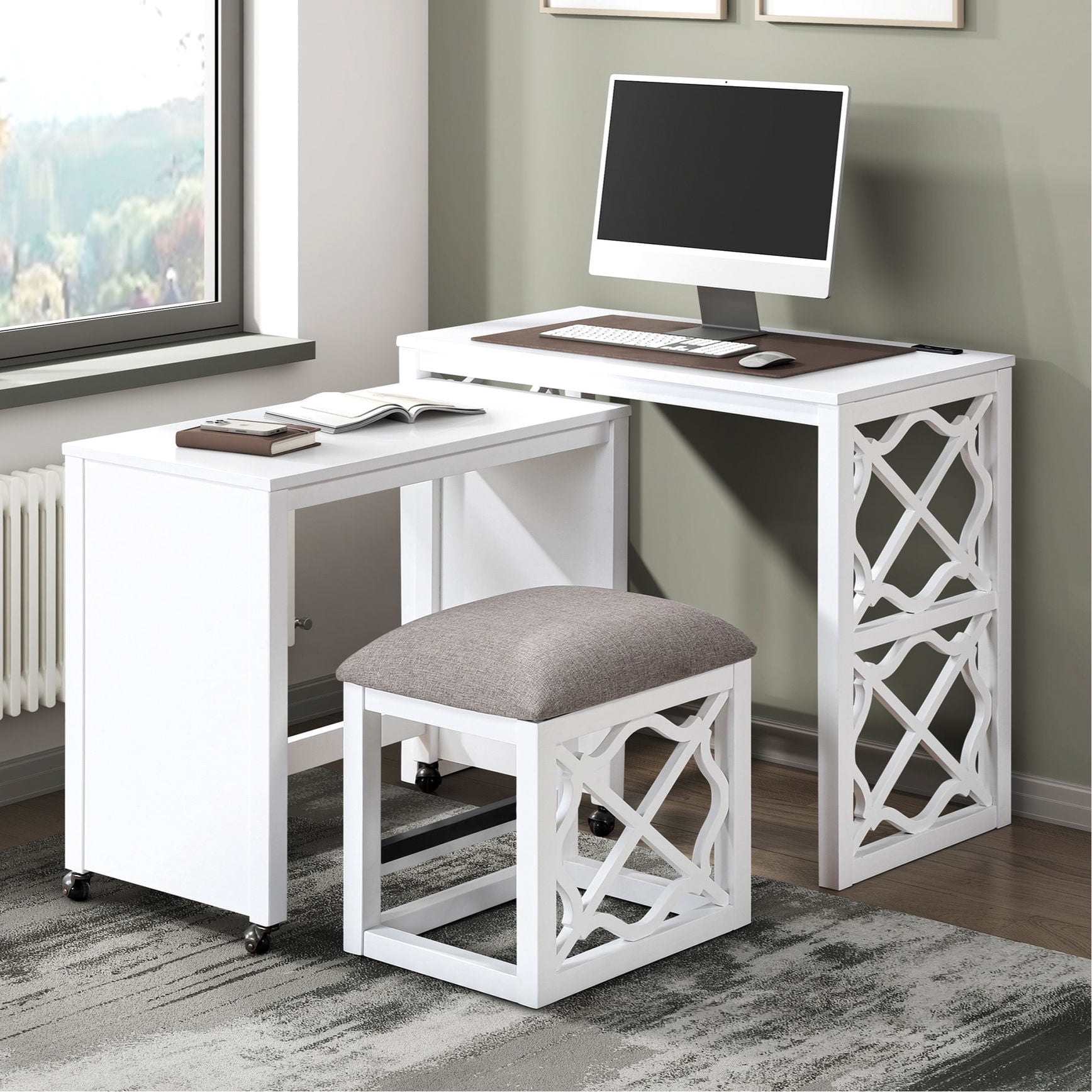 White Finish 3-Piece Furniture - Desk and Stool Set for Primary Space ...