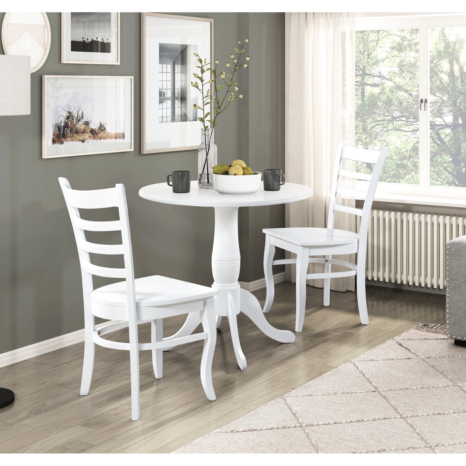 White Finish 3pc Dining : Round Table & 2 -back Chairs, Style For 2 ...