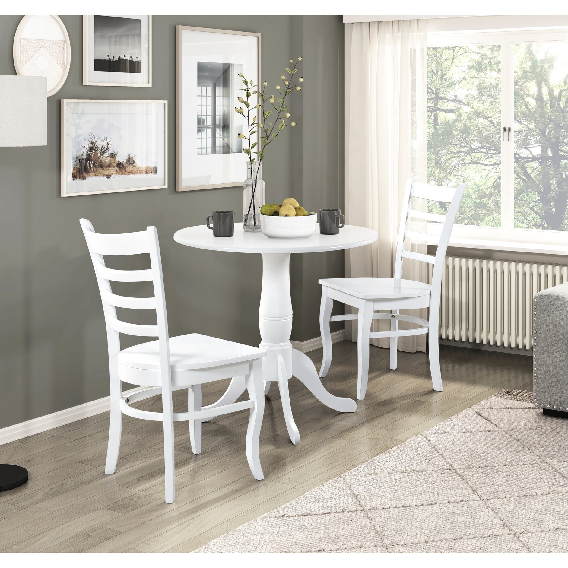 White Finish 3pc Dining Set: Round Table & 2 Chairs | Fits Casual ...